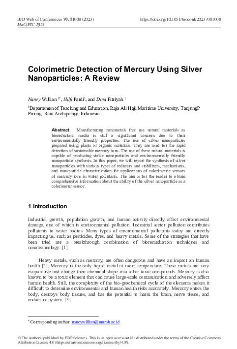 Pdf Colorimetric Detection Of Mercury Using Silver Nanoparticles A Review