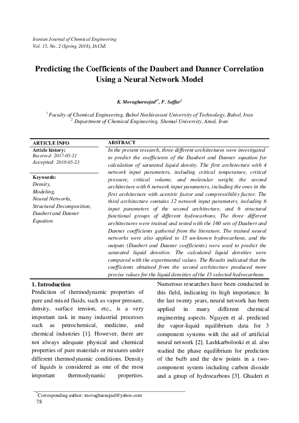 (PDF) Predicting the coefficients of the Daubert and Danner correlation using a neural network model