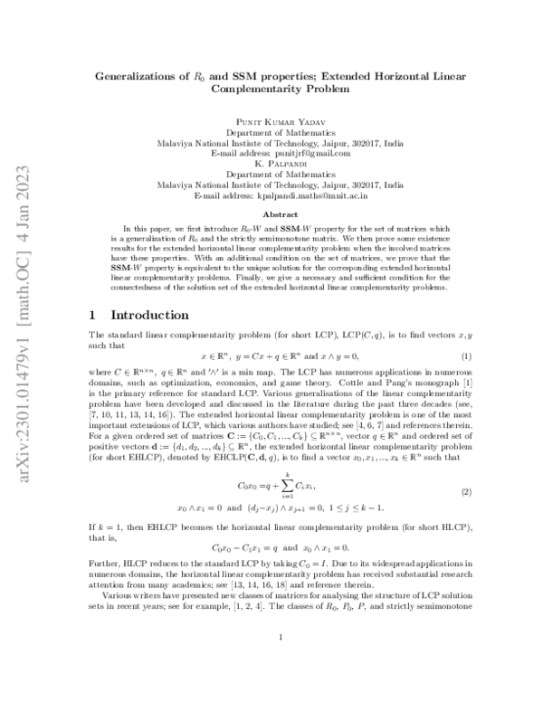 (PDF) Generalizations of R0 and SSM properties; Extended Horizontal Linear Complementarity ...