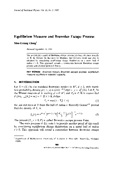 (PDF) Equilibrium measure and Brownian escape process | Mou-Hsiung Chang - Academia.edu