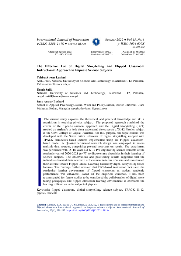 (PDF) The Effective Use of Digital Storytelling and Flipped Classroom Instructional Approach to ...