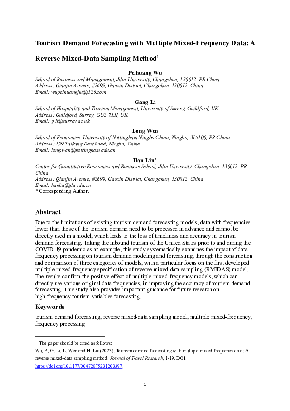 Pdf Tourism Demand Forecasting With Multiple Mixed Frequency Data A