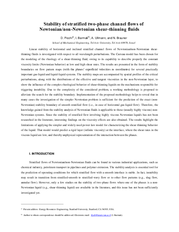 (PDF) Stability of stratified two-phase channel flows of Newtonian/non-Newtonian shear-thinning ...