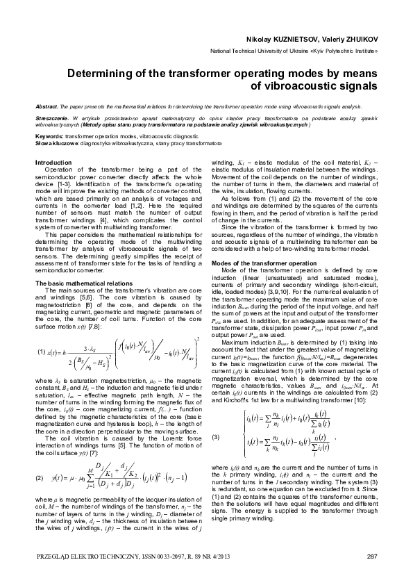 (PDF) Determining of the transformer operating modes by means of ...