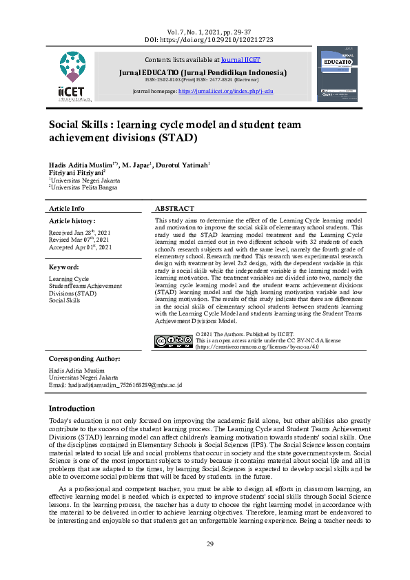 (PDF) Social Skills : learning cycle model and student team achievement ...