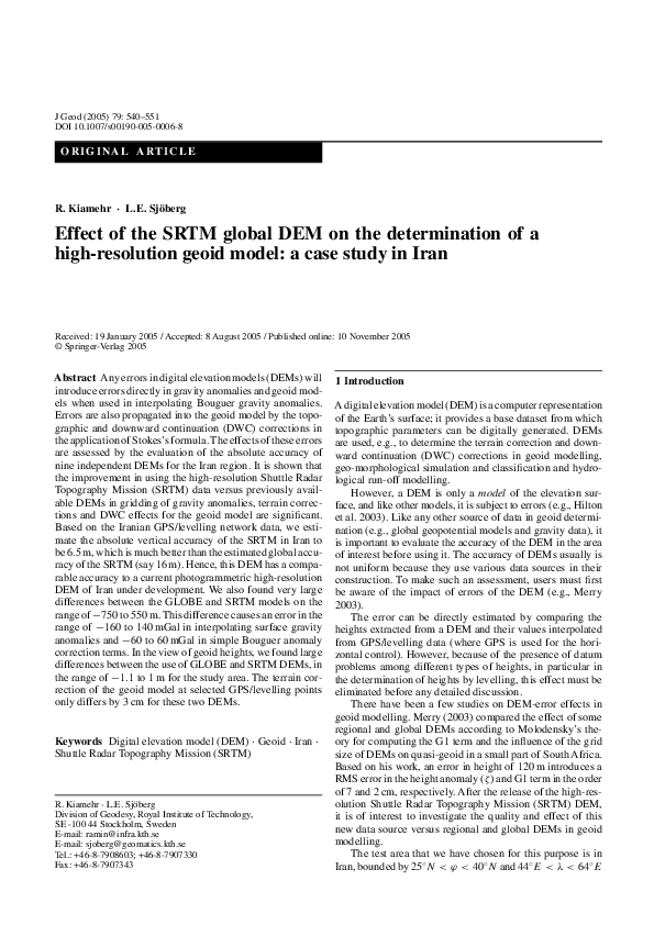 (PDF) Effect of the SRTM global DEM on the determination of a high-resolution geoid model: a ...