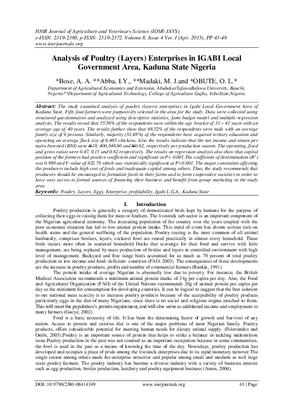 (PDF) Analysis of Poultry (Layers) Enterprises in IGABI Local ...