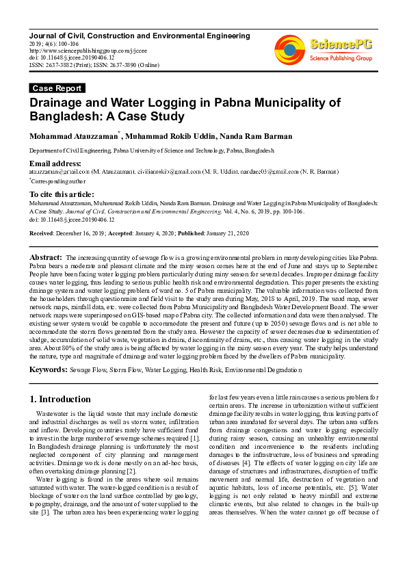 (PDF) Drainage and Water Logging in Pabna Municipality of Bangladesh: A Case Study