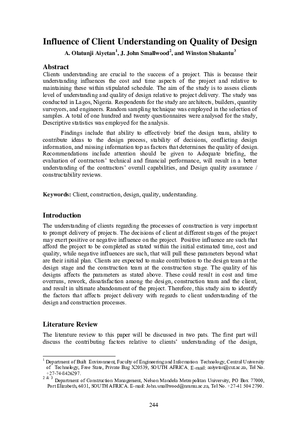 (PDF) Influence of Client Understanding on Quality of Design