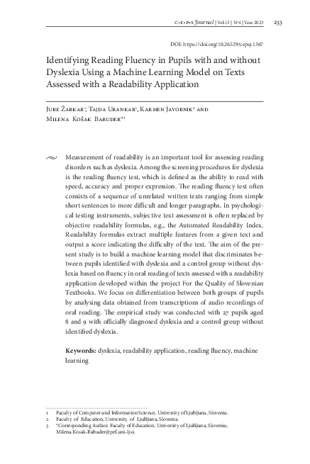 Pdf Identifying Reading Fluency In Pupils With And Without Dyslexia Using A Machine Learning
