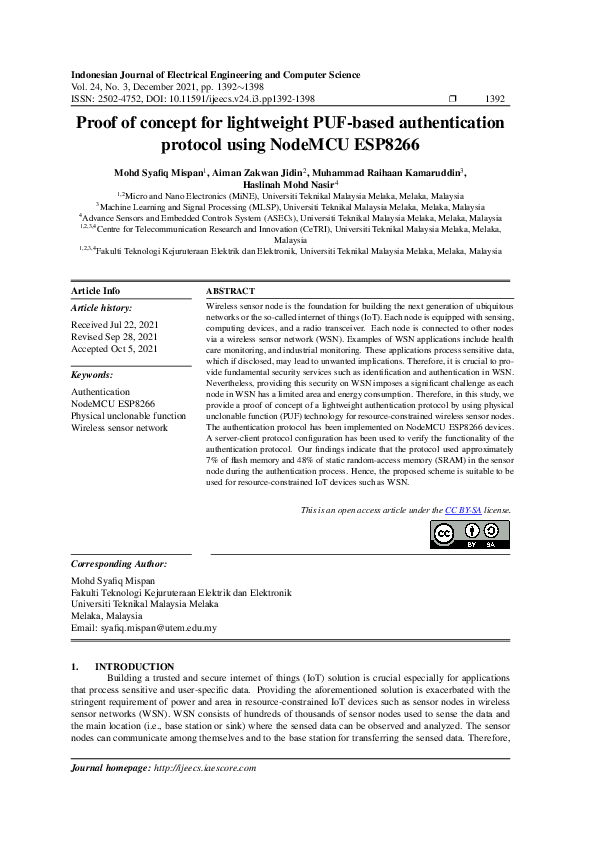 Pdf Proof Of Concept For Lightweight Puf Based Authentication Protocol Using Nodemcu Esp8266