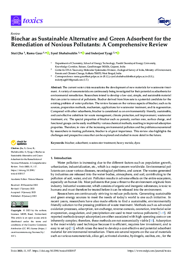 (PDF) Biochar as Sustainable Alternative and Green Adsorbent for the Remediation of Noxious ...