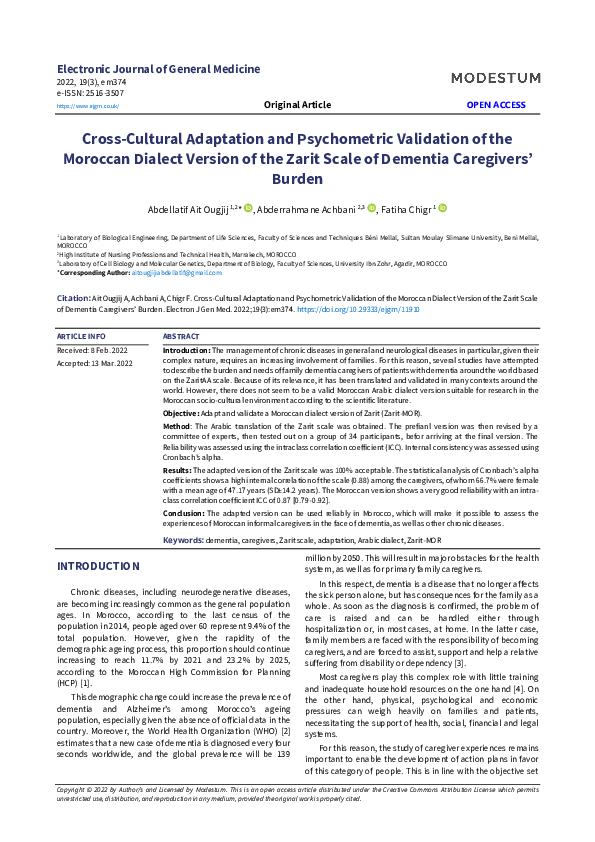 (PDF) Cross-Cultural Adaptation and Psychometric Validation of the Moroccan Dialect Version of ...