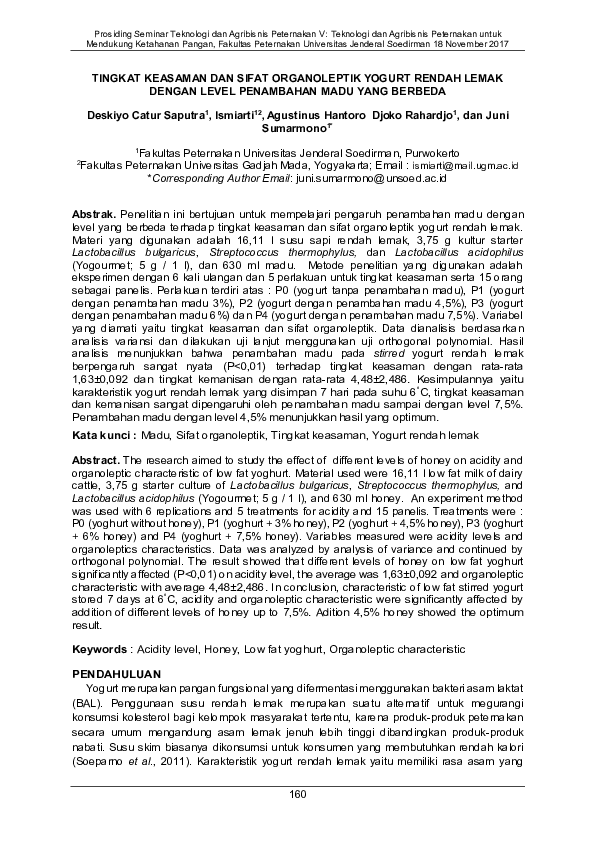 (PDF) Tingkat Keasaman Dan Sifat Organoleptik Yogurt Rendah Lemak Dengan Level Penambahan Madu ...