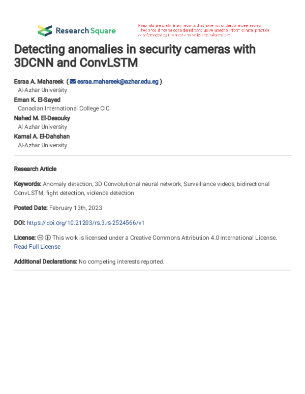 (PDF) Detecting anomalies in security cameras with 3DCNN and ConvLSTM (PDF) Detecting anomalies in security cameras with 3DCNN and ConvLSTM