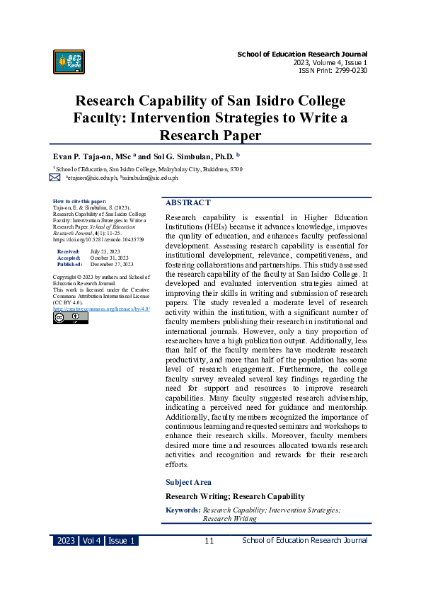 (PDF) Research Capability of San Isidro College Faculty: Intervention ...