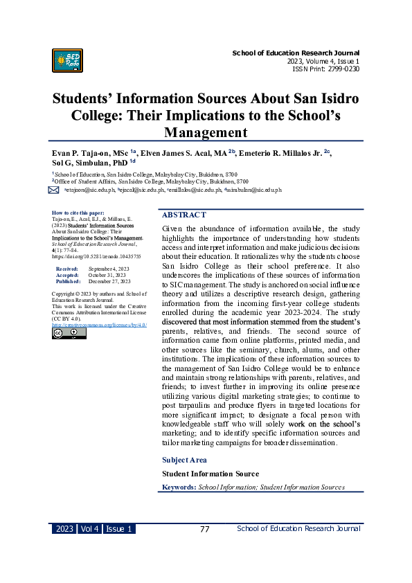 (PDF) Students’ Information Sources About San Isidro College Their ...