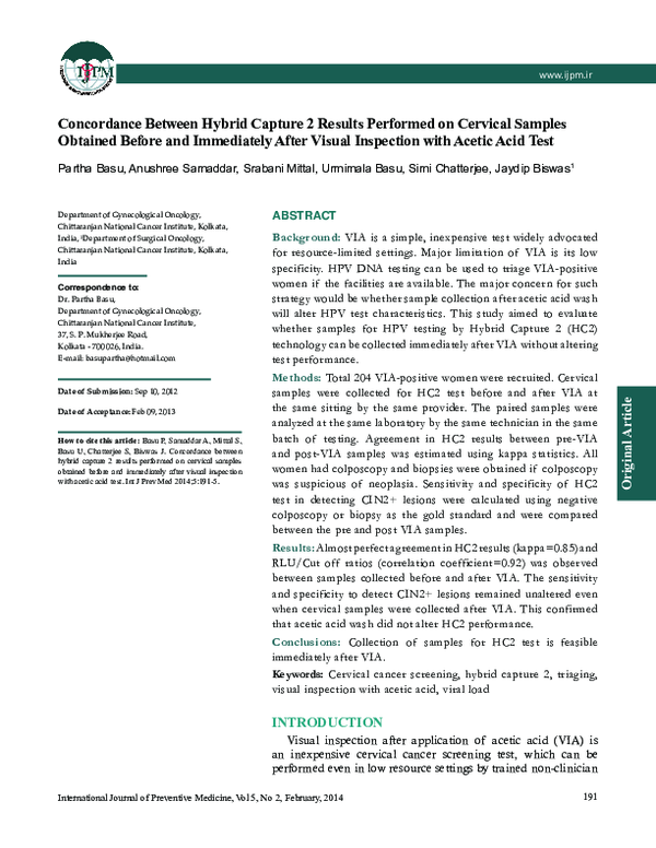 Concordance between hybrid capture 2 results performed on cervical ...