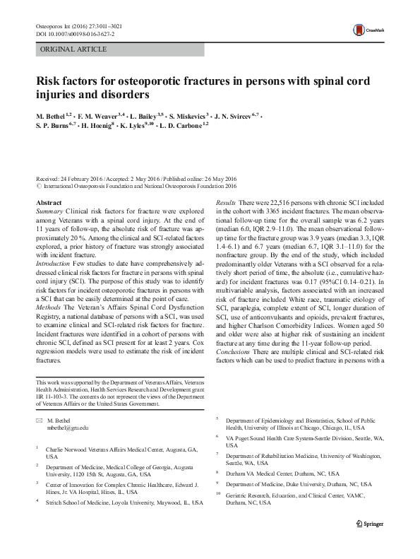 (PDF) Risk factors for osteoporotic fractures in persons with spinal cord injuries and disorders