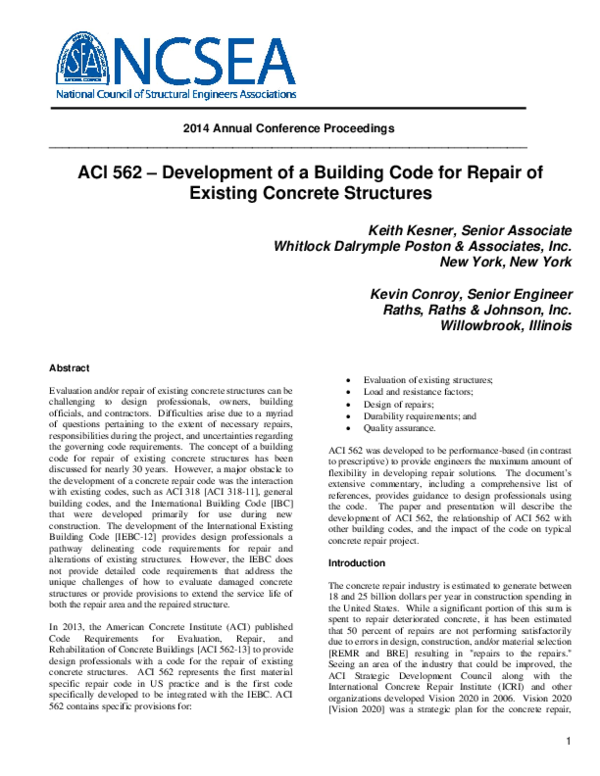 (PDF) ACI 562 - Development of a Building Code for Repair of Existing Concrete Structures