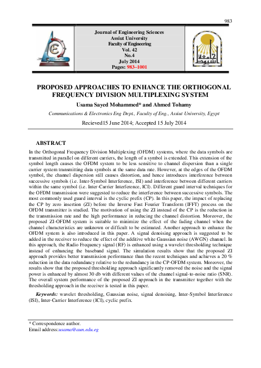 (PDF) Proposed Approaches to Enhance the Orthogonal Frequency Division Multiplexing System
