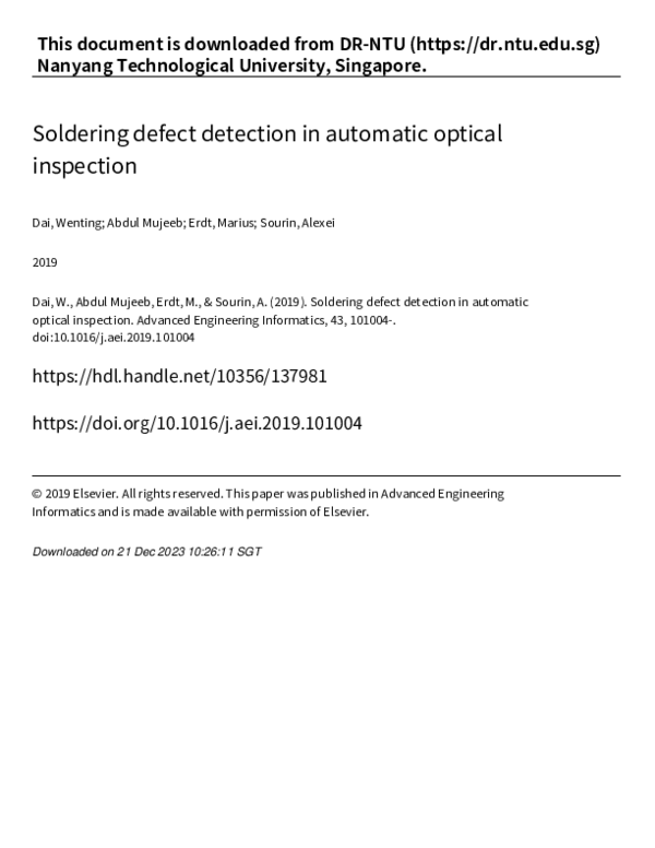 (PDF) Soldering defect detection in automatic optical inspection