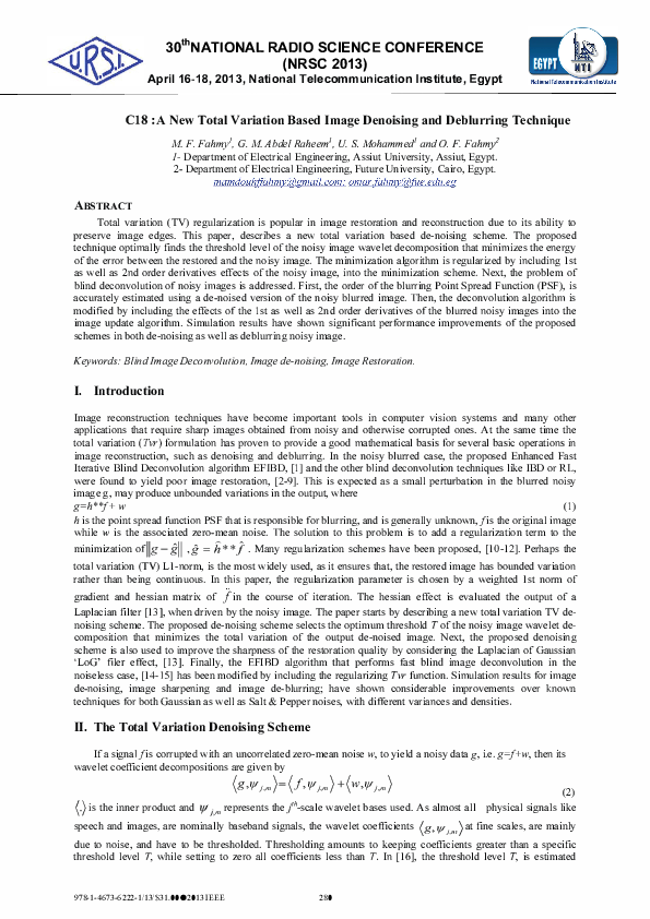 (PDF) C18 : A New Total Variation Based Image Denoising and Deblurring Technique