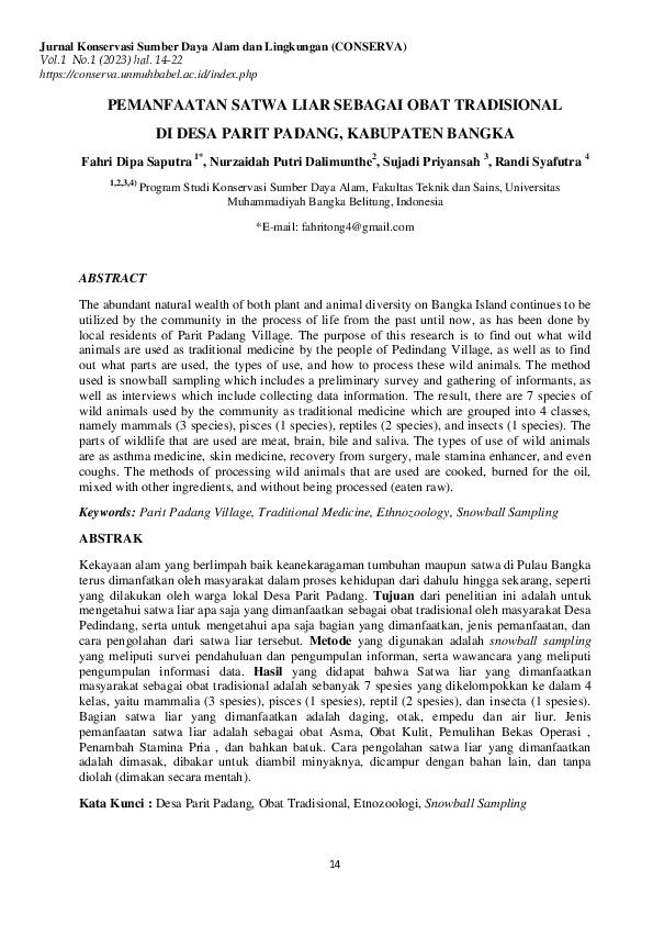 (PDF) Pemanfaatan Satwa Liar Sebagai Obat Tradisional DI Desa Parit ...