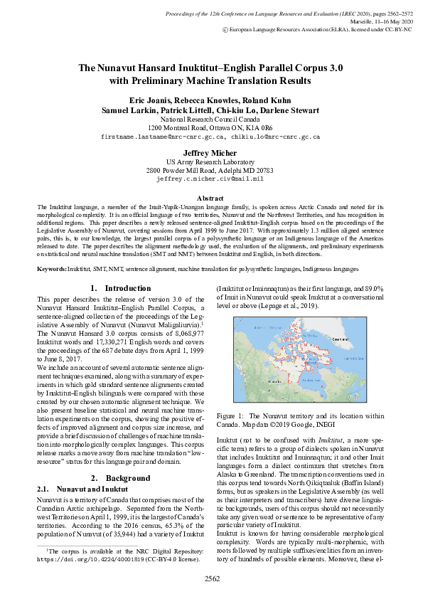 (PDF) The Nunavut Hansard Inuktitut-English Parallel Corpus 3.0 with Preliminary Machine ...