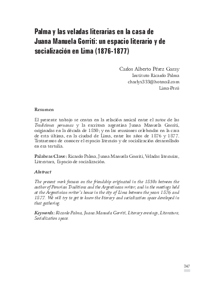 (PDF) Palma y las veladas literarias en la casa de Juana Manuela ...