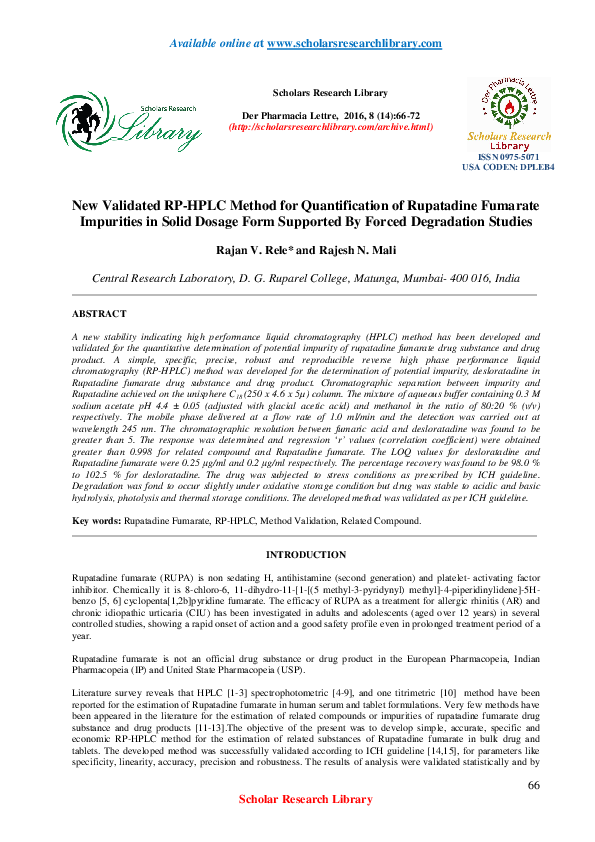 (PDF) New Validated RP-HPLC Method for Quantification of Rupatadine FumarateImpurities in Solid ...