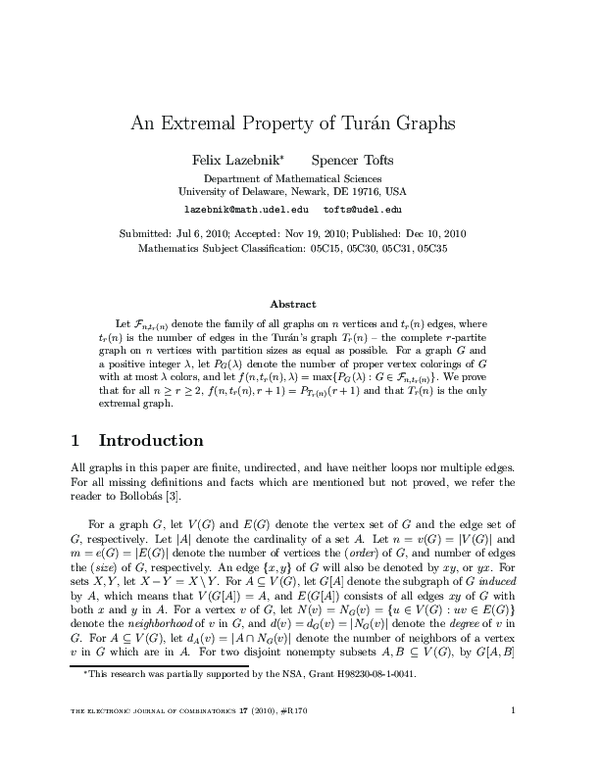 (PDF) An Extremal Property of Turán Graphs | Felix Lazebnik - Academia.edu