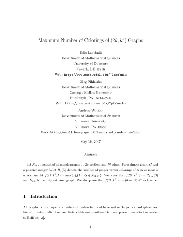(PDF) Maximum number of colorings of (2k, k2)-graphs | Felix Lazebnik - Academia.edu