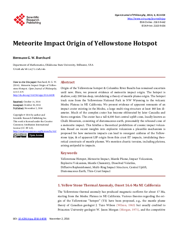 (PDF) Meteorite Impact Origin of Yellowstone Hotspot