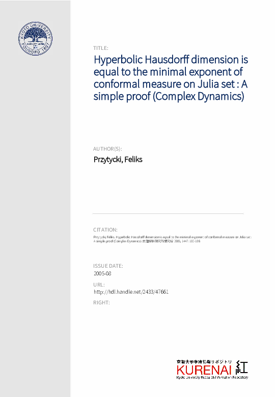 (PDF) Hyperbolic Hausdorff dimension is equal to the minimal exponent of conformal measure on ...