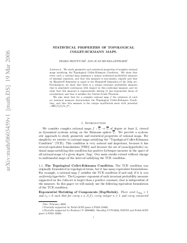 (PDF) Statistical properties of topological Collet-Eckmann maps