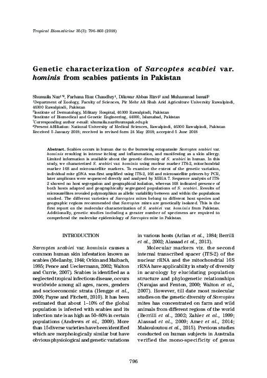 (PDF) Genetic characterization of Sarcoptes scabiei var. hominis from ...
