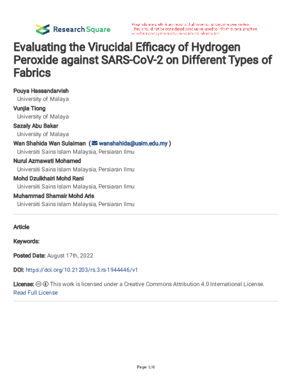 (PDF) Evaluating the Virucidal Efficacy of Hydrogen Peroxide against ...