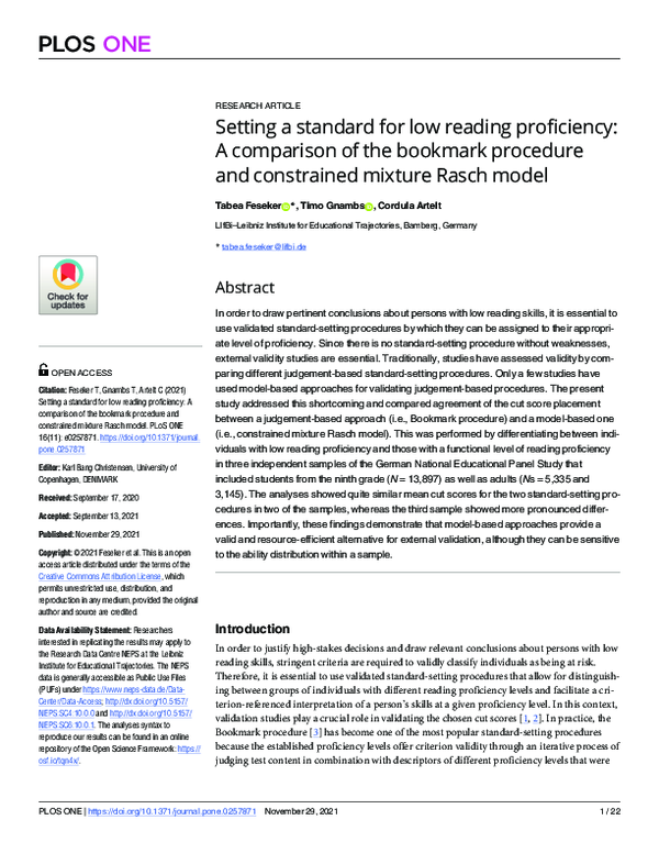 (PDF) Setting a standard for low reading proficiency: A comparison of ...