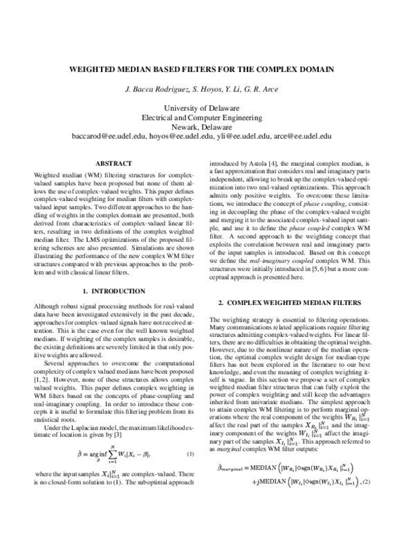 (PDF) Weighted median based filters for the complex domain