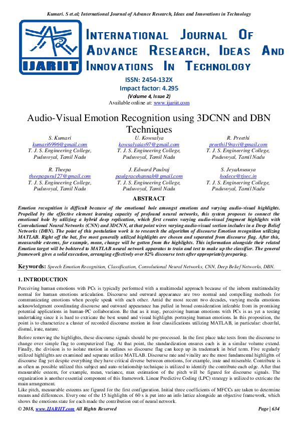 (PDF) Audio-Visual Emotion Recognition using 3DCNN and DBN Techniques