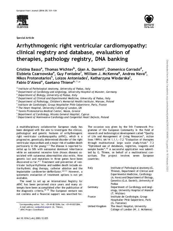 (PDF) Arrhythmogenic right ventricular cardiomyopathy: clinical registry and database ...