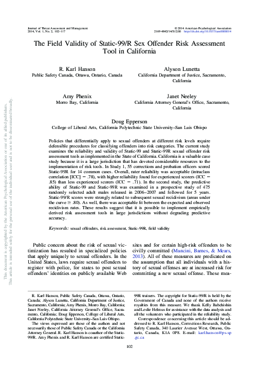 (PDF) The field validity of Static-99/R sex offender risk assessment ...