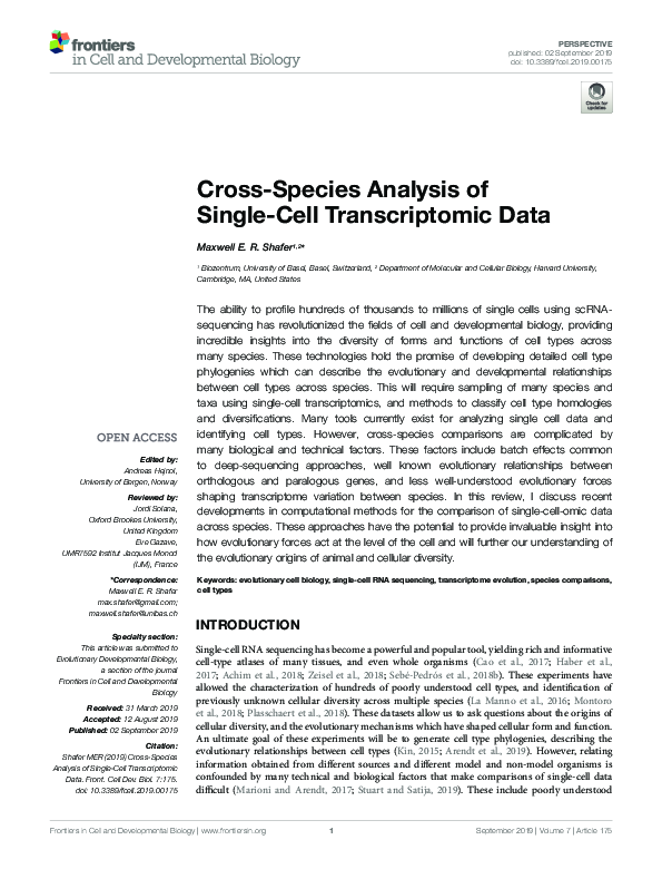 (PDF) Cross-Species Analysis of Single-Cell Transcriptomic Data