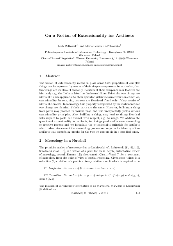 (PDF) On a Notion of Extensionality for Artifacts