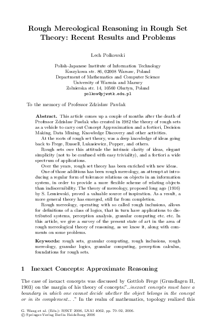 (PDF) Rough Mereological Reasoning in Rough Set Theory: Recent Results and Problems | Lech ...
