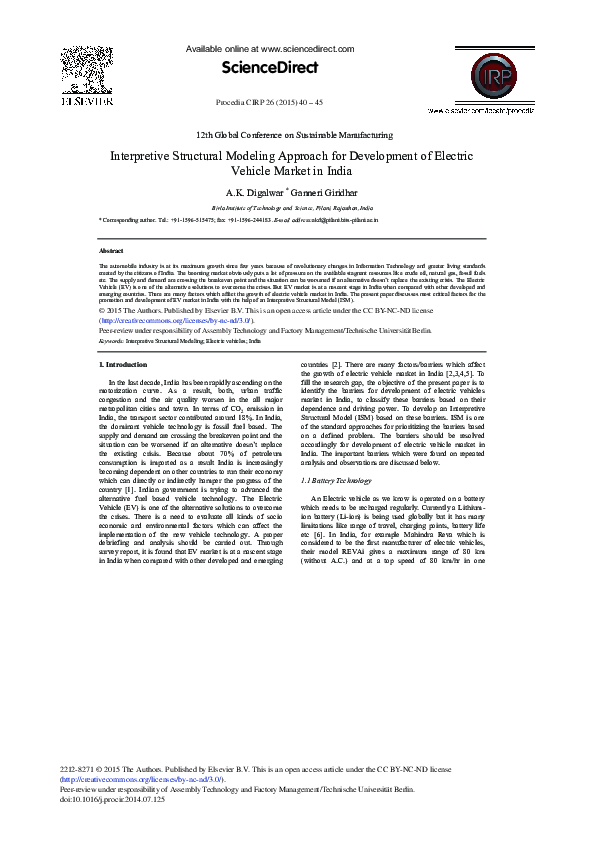 (PDF) Interpretive Structural Modeling Approach for Development of Electric Vehicle Market in India