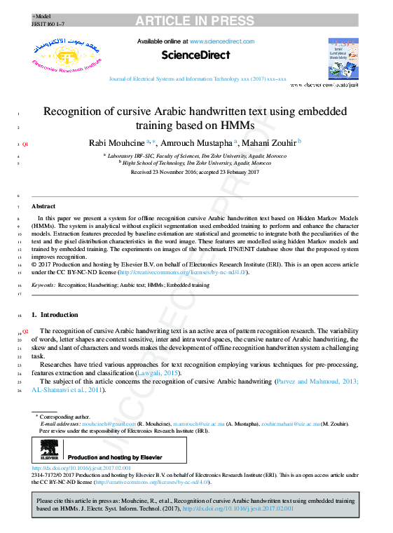 (PDF) Recognition of Cursive Arabic Handwritten Text Using Embedded Training Based on Hidden ...