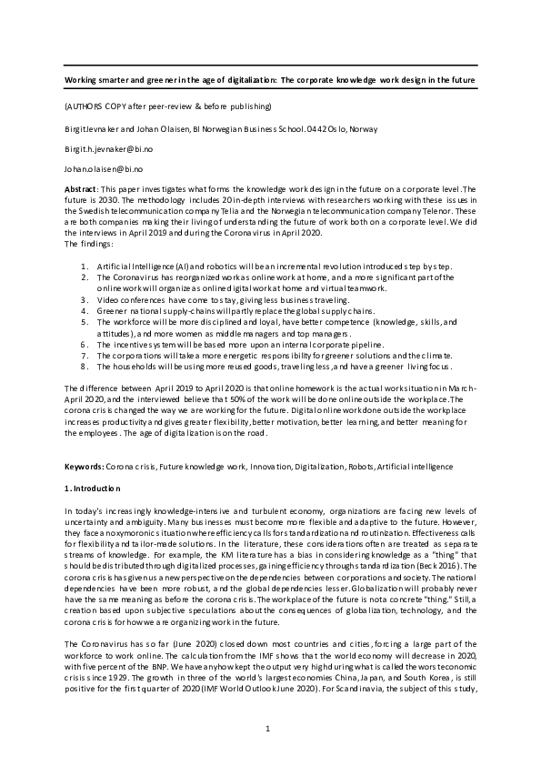 (PDF) Working Smarter and Greener in the age of Digitalization: The ...