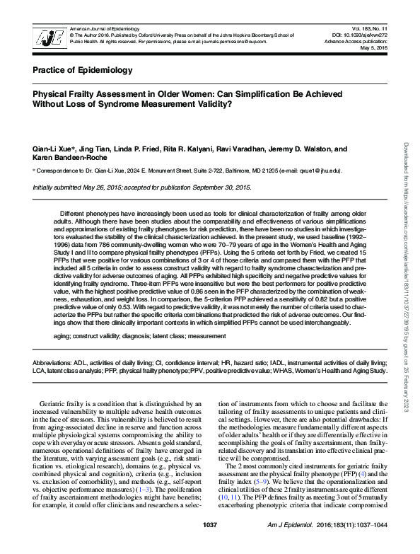 (PDF) Physical Frailty Assessment in Older Women: Can Simplification Be ...